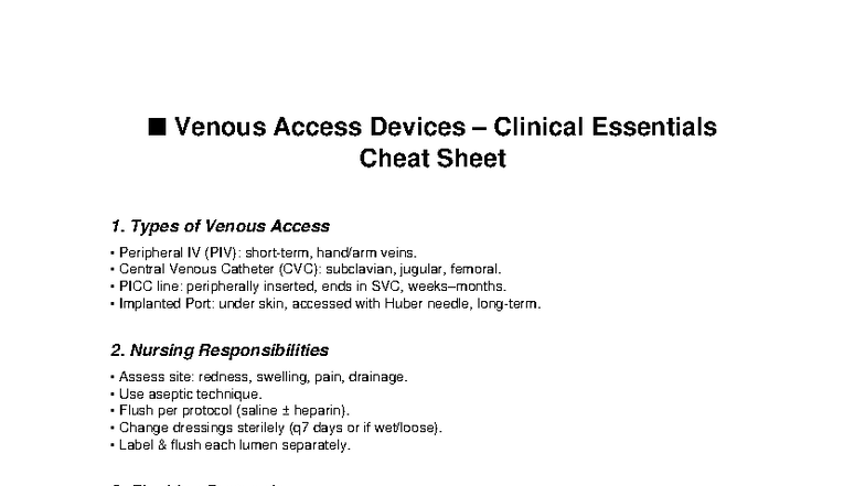 Chap 3 Venous Access Devices Clinical Essentials Cheat Sheet - Studocu