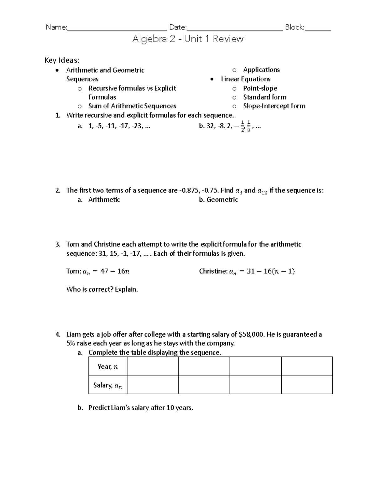 Algebra 2 - Unit 1 Review: Key Concepts in Sequences & Linear Equations - Studocu