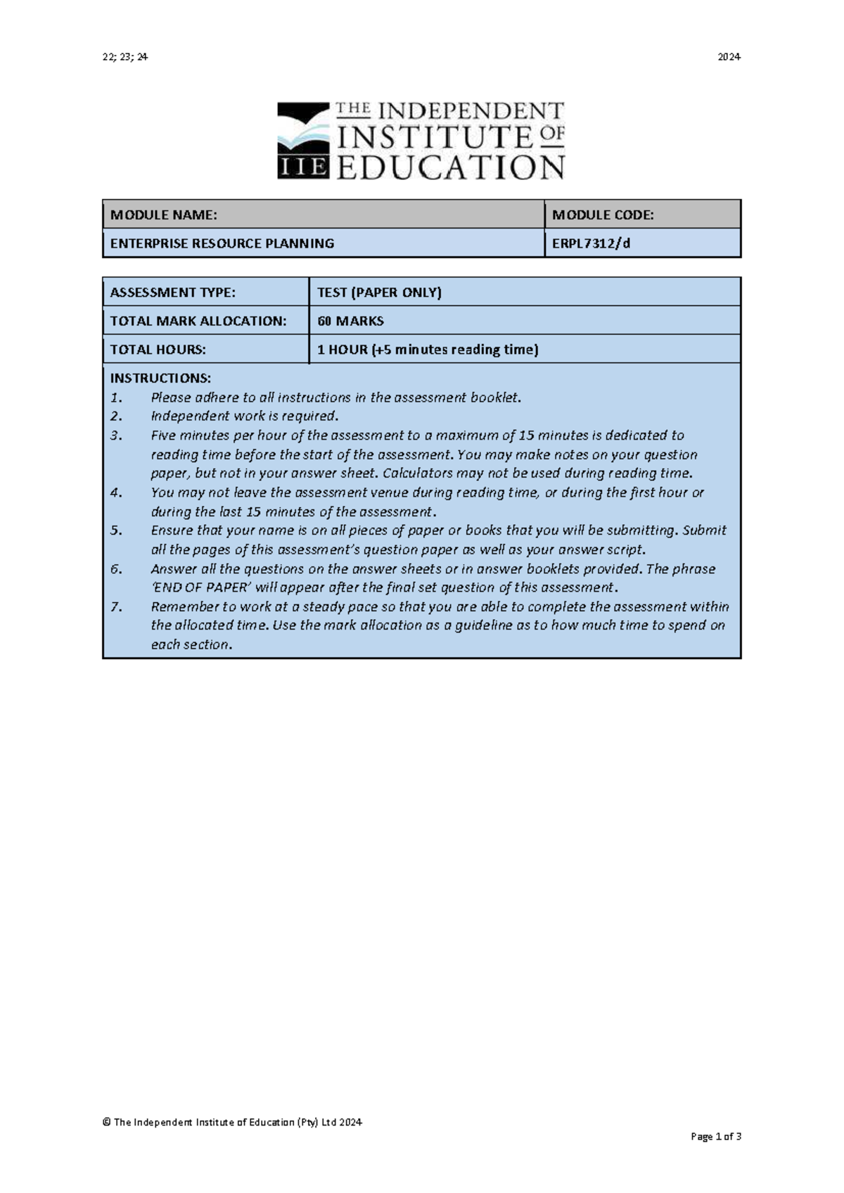 ERP 2024 Test: Functions, Processes, and Modules Overview - Studocu
