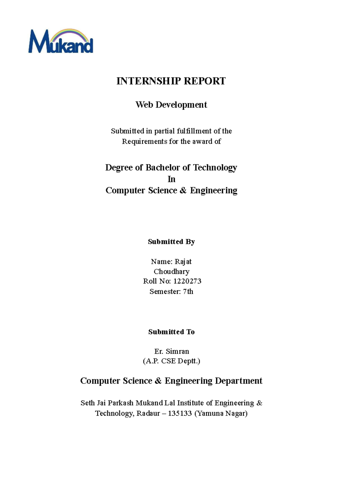 Internship Report: Web Development Journey - B.Tech CSE (7th Sem) - Studocu