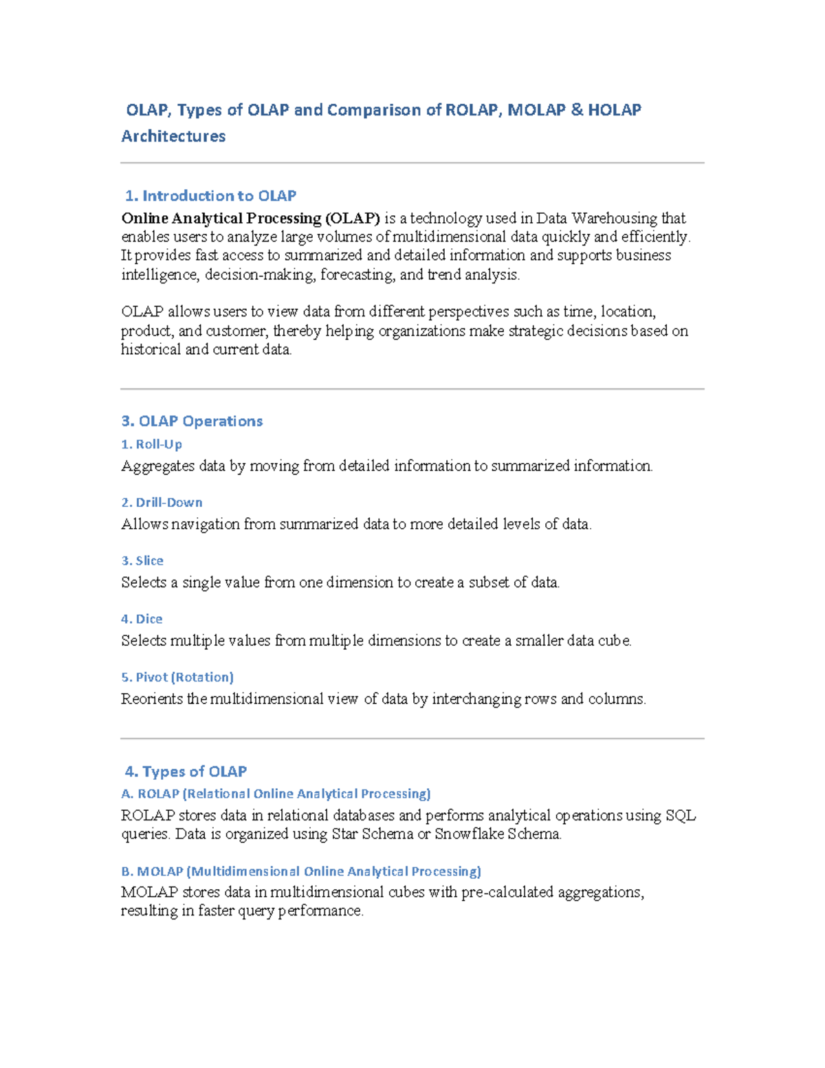 OLAP 13 Mark Answer - ROLAP, MOLAP, HOLAP Comparison Notes - Studocu