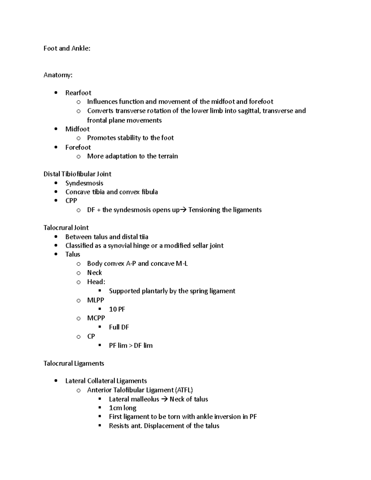 Foot and Ankle Lecture Notes (Course Code: FN 101) - Studocu