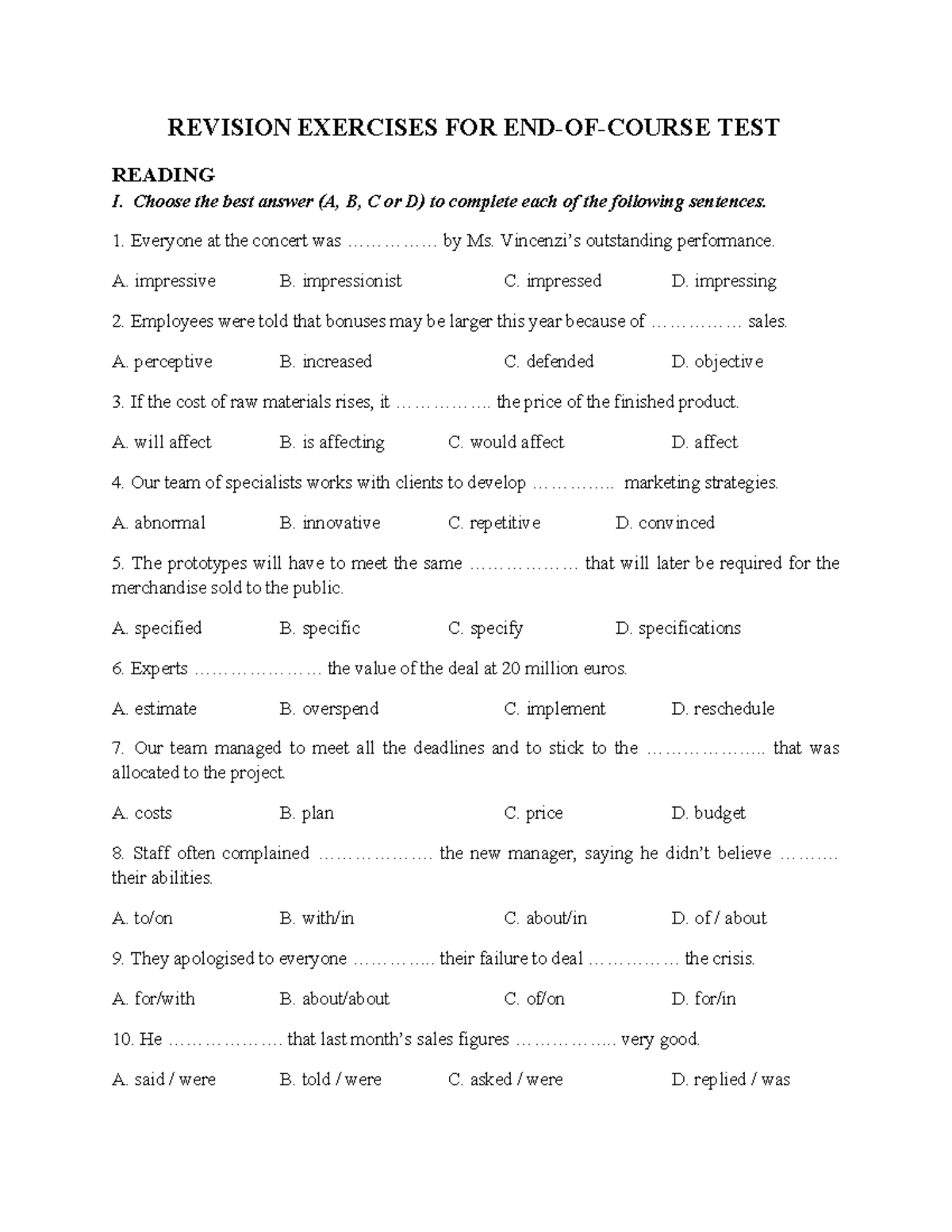 STC2. Revision Exercises for Test Reading and Listening I - Studocu