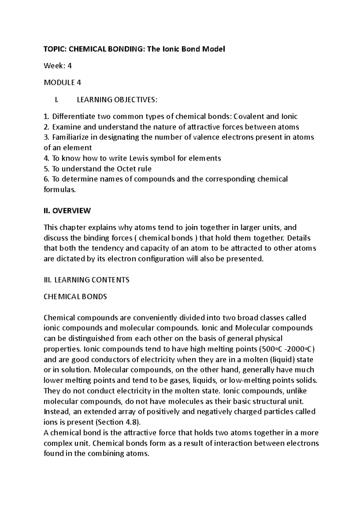 General Chemistry Chapter 4 Notes - TOPIC: CHEMICAL BONDING: The Ionic ...