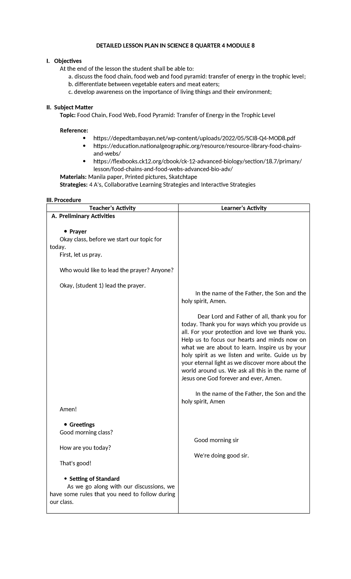 Detailed Lesson Plan: Science 8 - Food Chain, Web & Pyramid (Quarter 4 ...