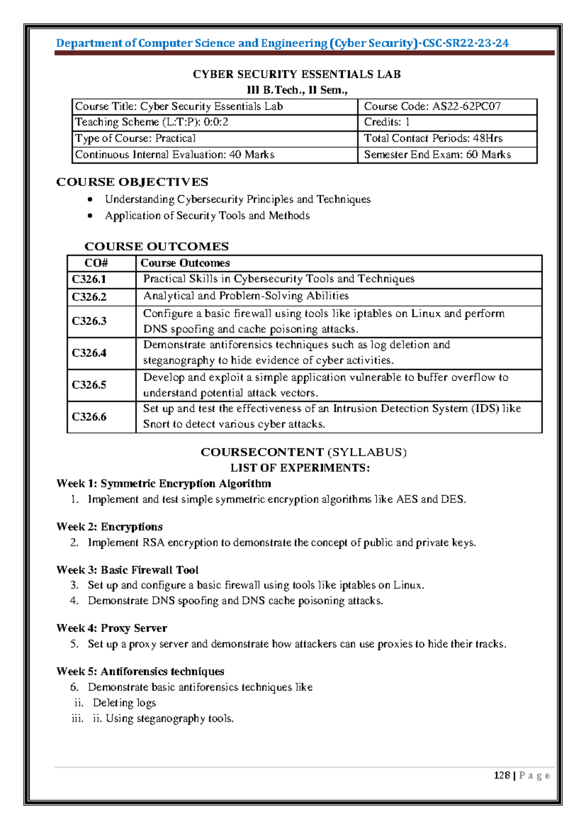 CS Lab Syllabus: Cyber Security Essentials Lab (CYBER) AY 2025-26 - Studocu