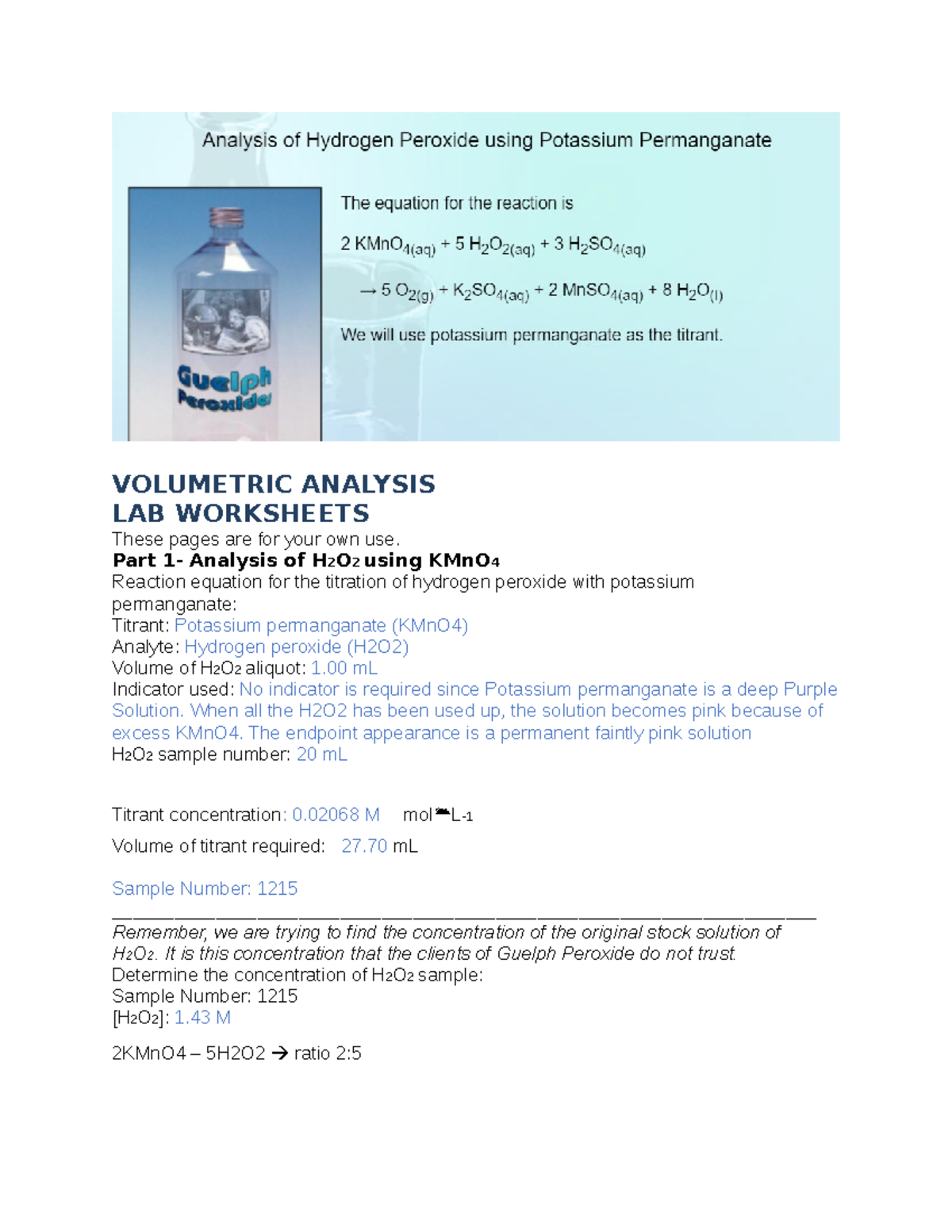 Module B Volumetric Analysis Lab Worksheets: H2O2 and CaCO3 Tests - Studocu