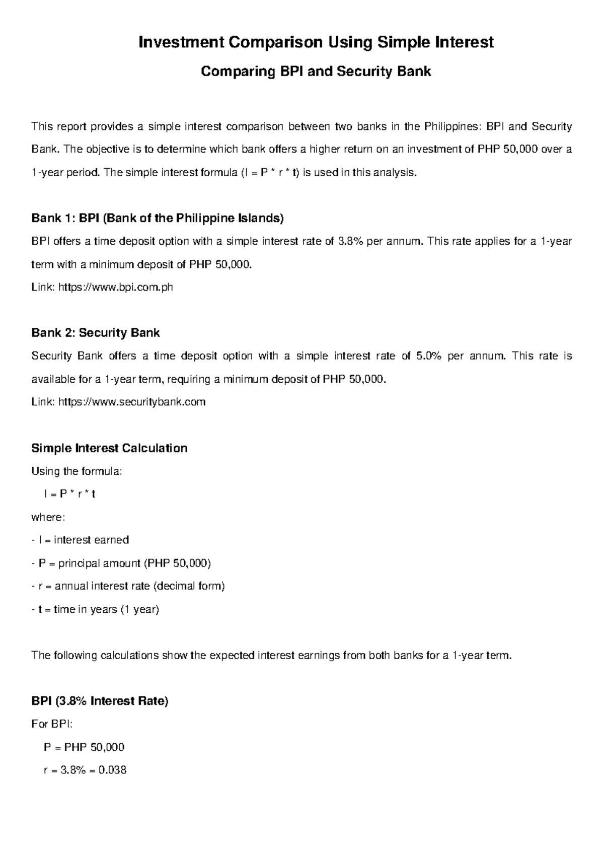 Simple Interest Comparison BPI Security S - Bank 2: Security Bank ...