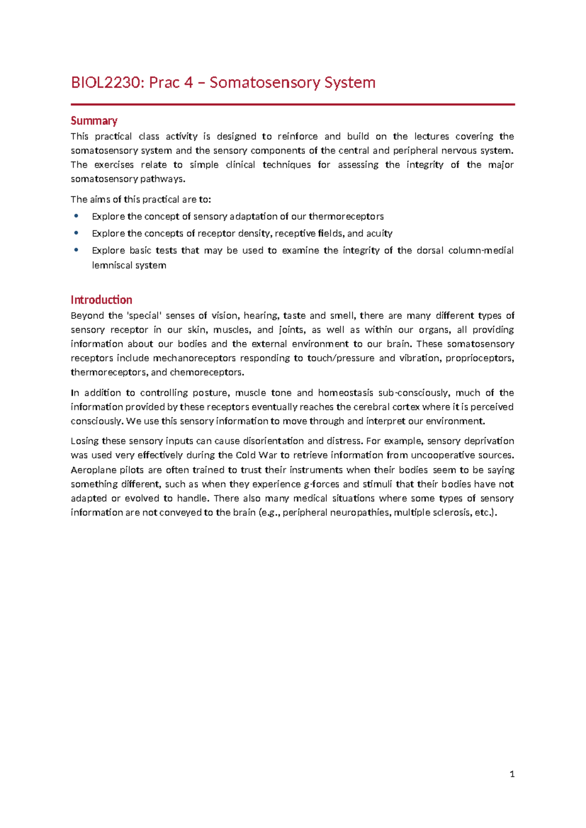 BIOL2230: Prac 4 Summary of Somatosensory System Activities - Studocu