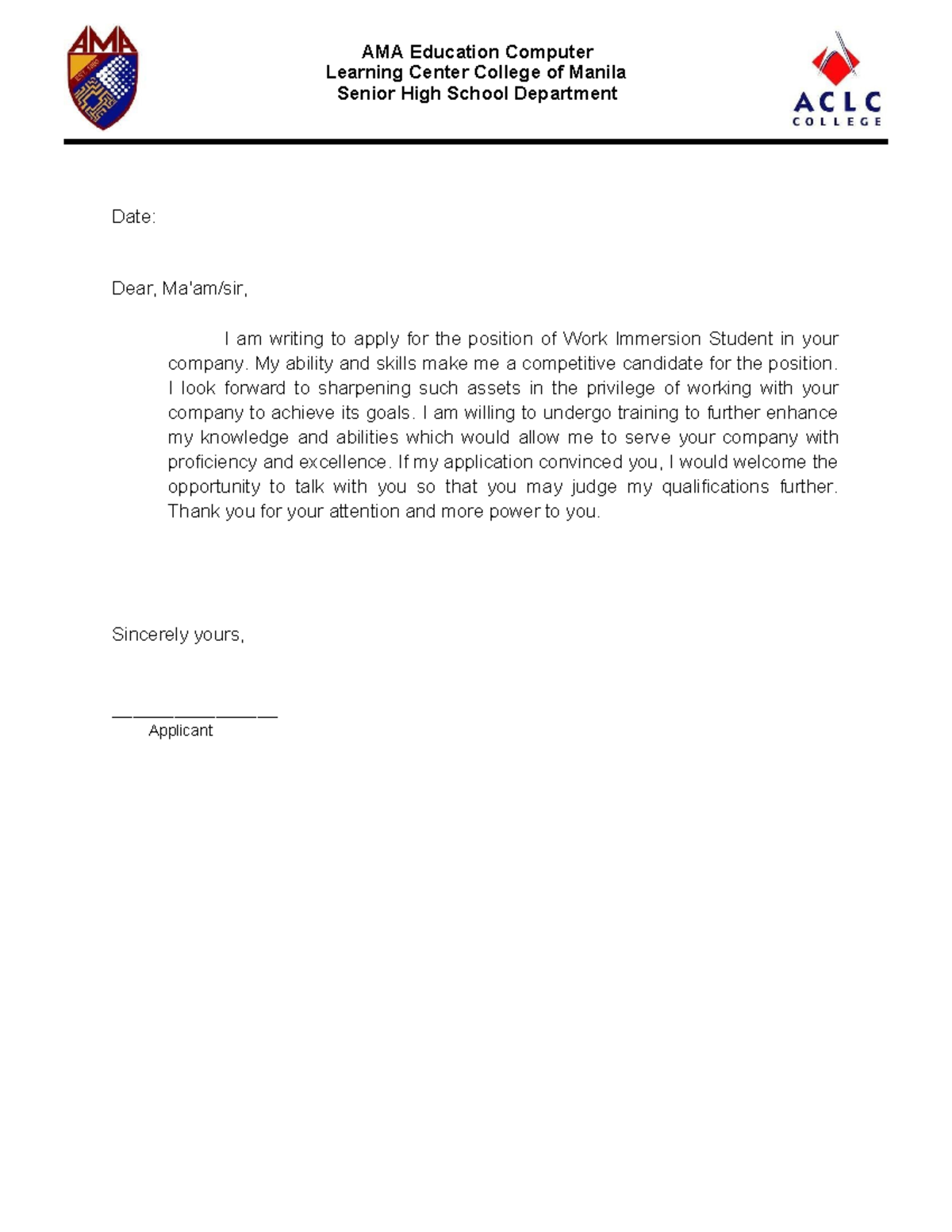 Work Immersion Application Template For Senior High School Ojt Studocu