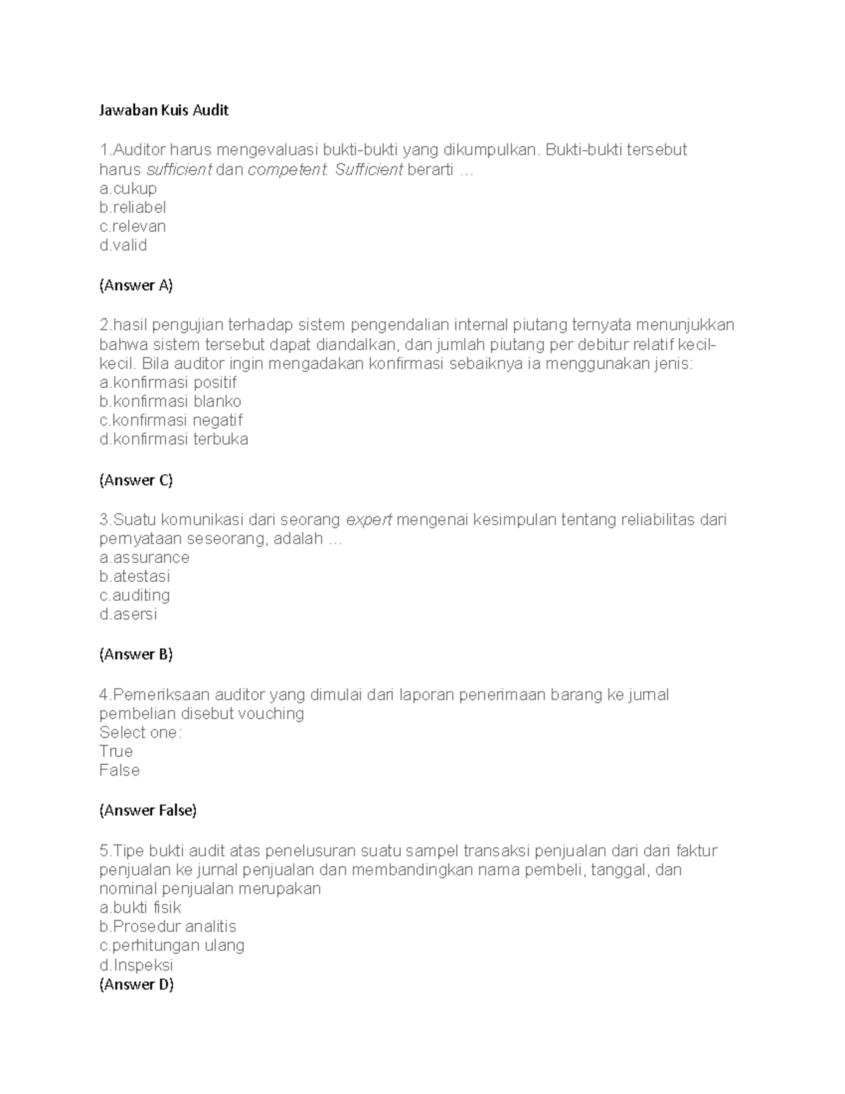 Kuis Audit Kunjaw: Lengkap dengan Jawaban dan Penjelasan - Studocu