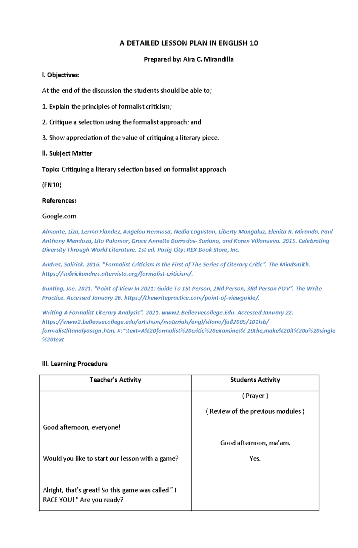 Detailed Lesson Plan: Critiquing Literary Selections (EN10) - Studocu