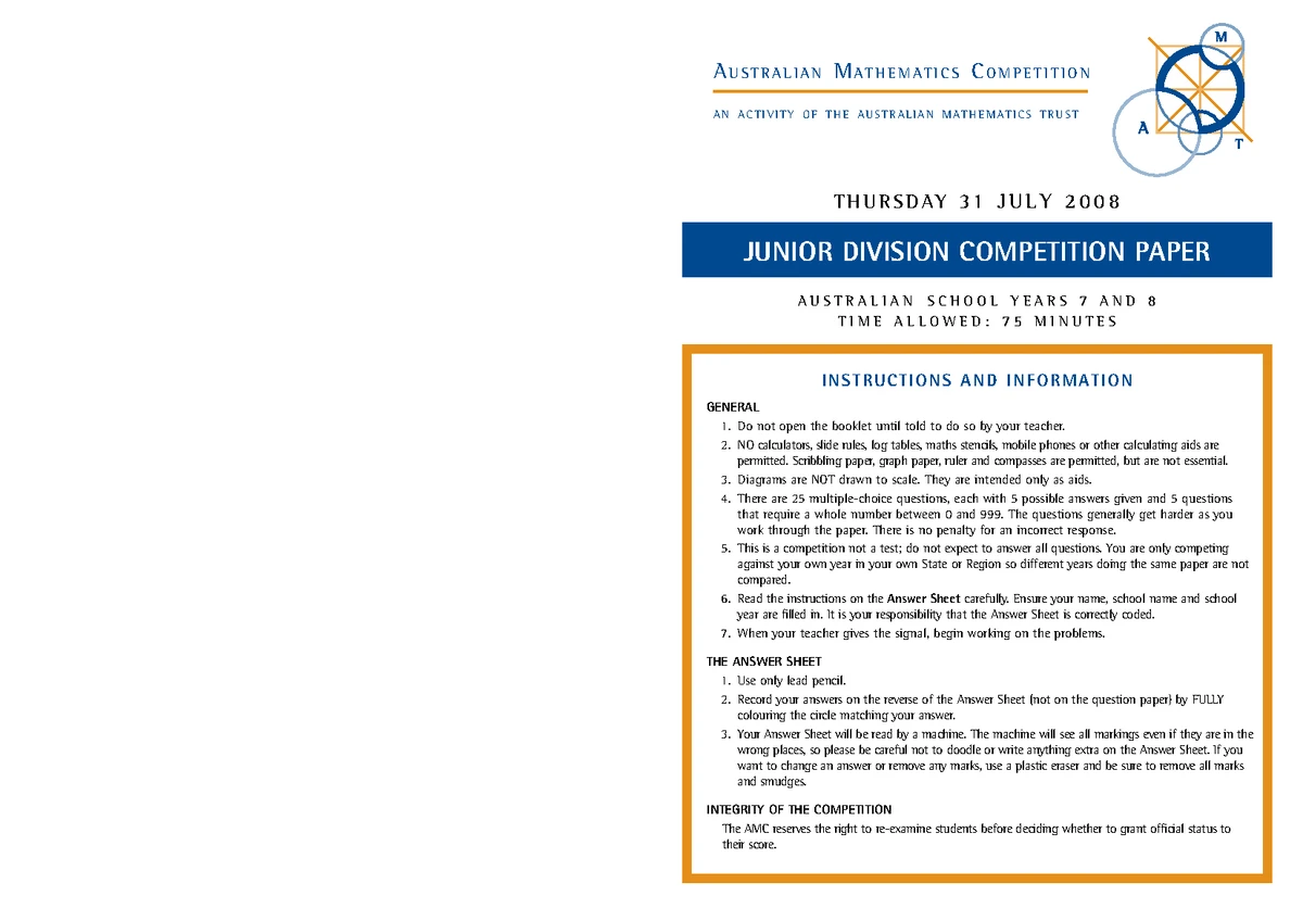 2013 Australian Mathematics Competition AMC Junior Years 7 and 8 ...