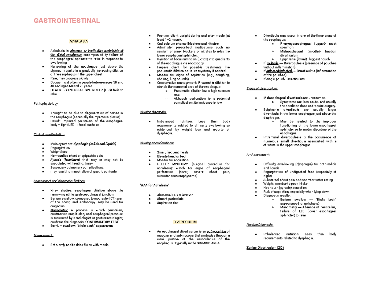 GASTROINTESTINAL DISORDERS: ACHALASIA, DIVERTICULUM, AND GERD STUDY ...