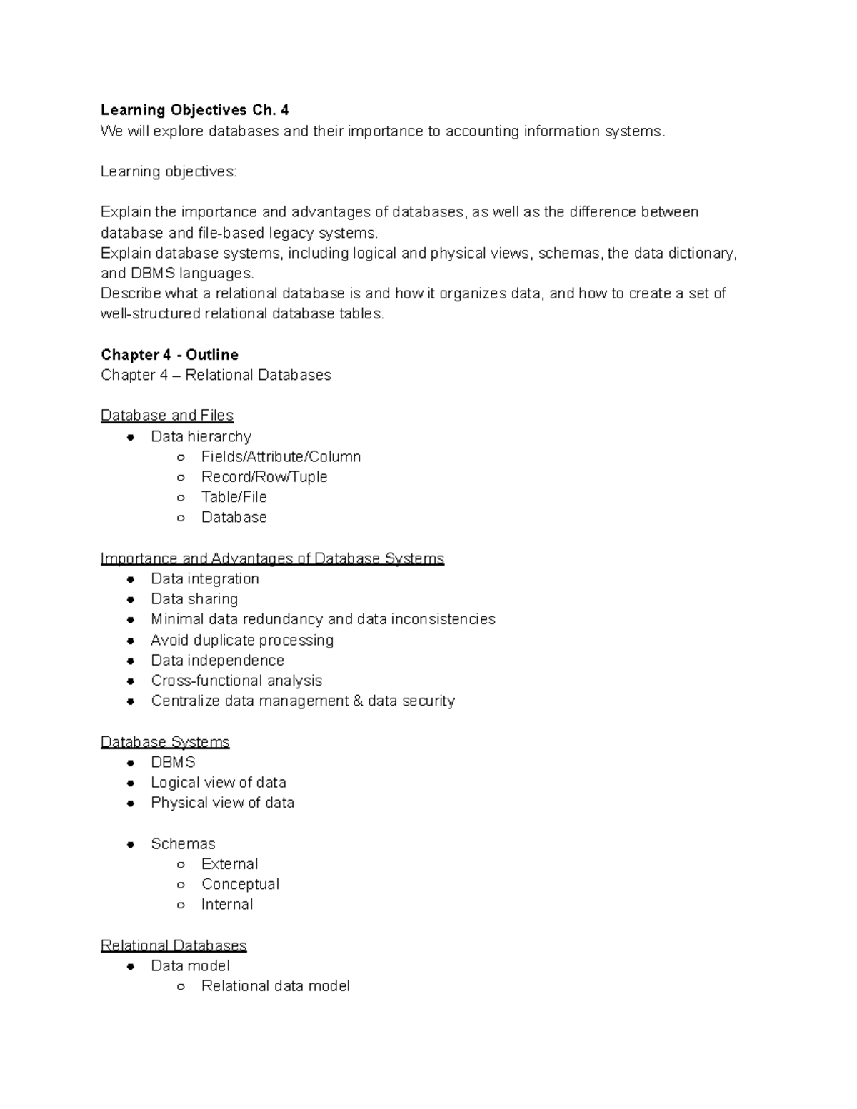 Chapter 4: Relational Databases - Learning Objectives & Overview - Studocu
