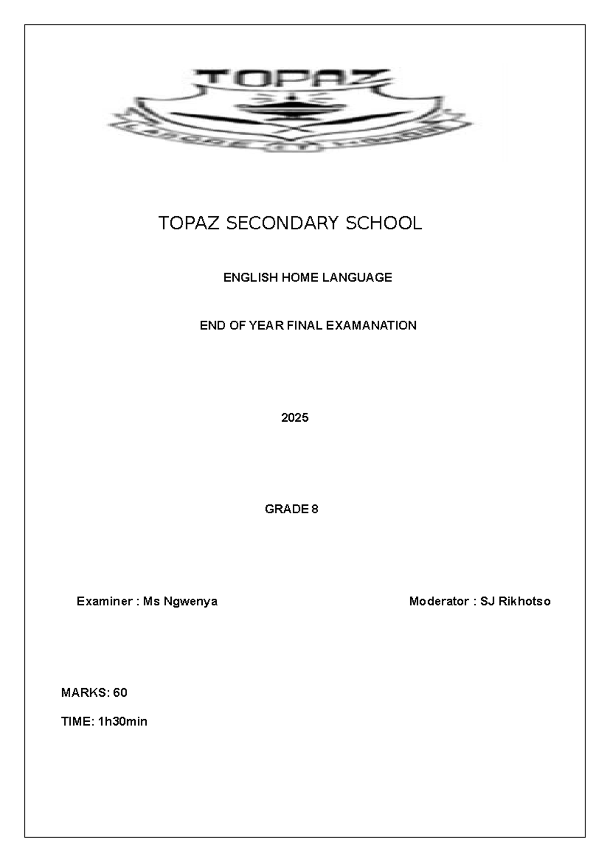 Grade 8 English Home Language End of Year Final Exam 2025 - Studocu