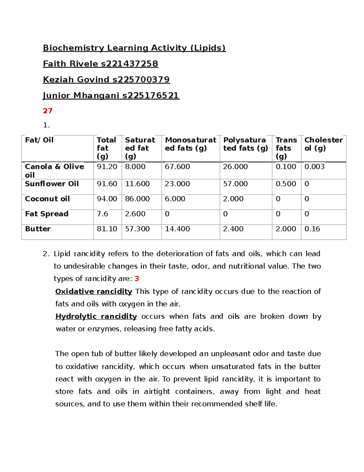 Biochemistry Learning Activity: Exploring Lipids and Their Functions ...