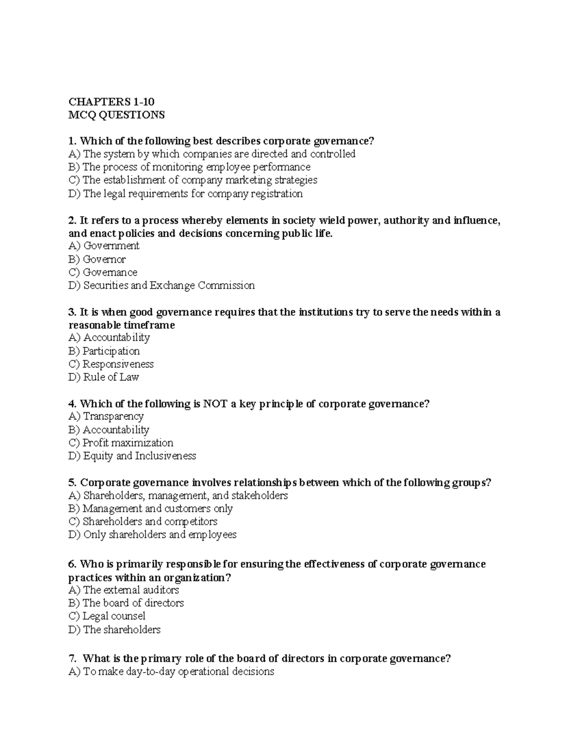 CHAPTERS 1-10 QUIZZES ON CORPORATE GOVERNANCE MCQs - Studocu