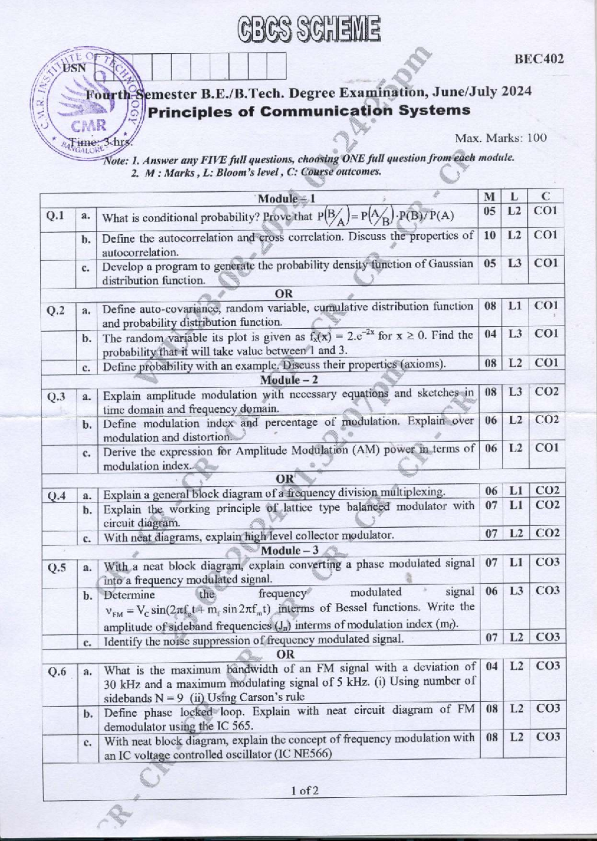VTU BEC402 Principles of Communication Systems Exam Q&A Aug 2024 - Studocu