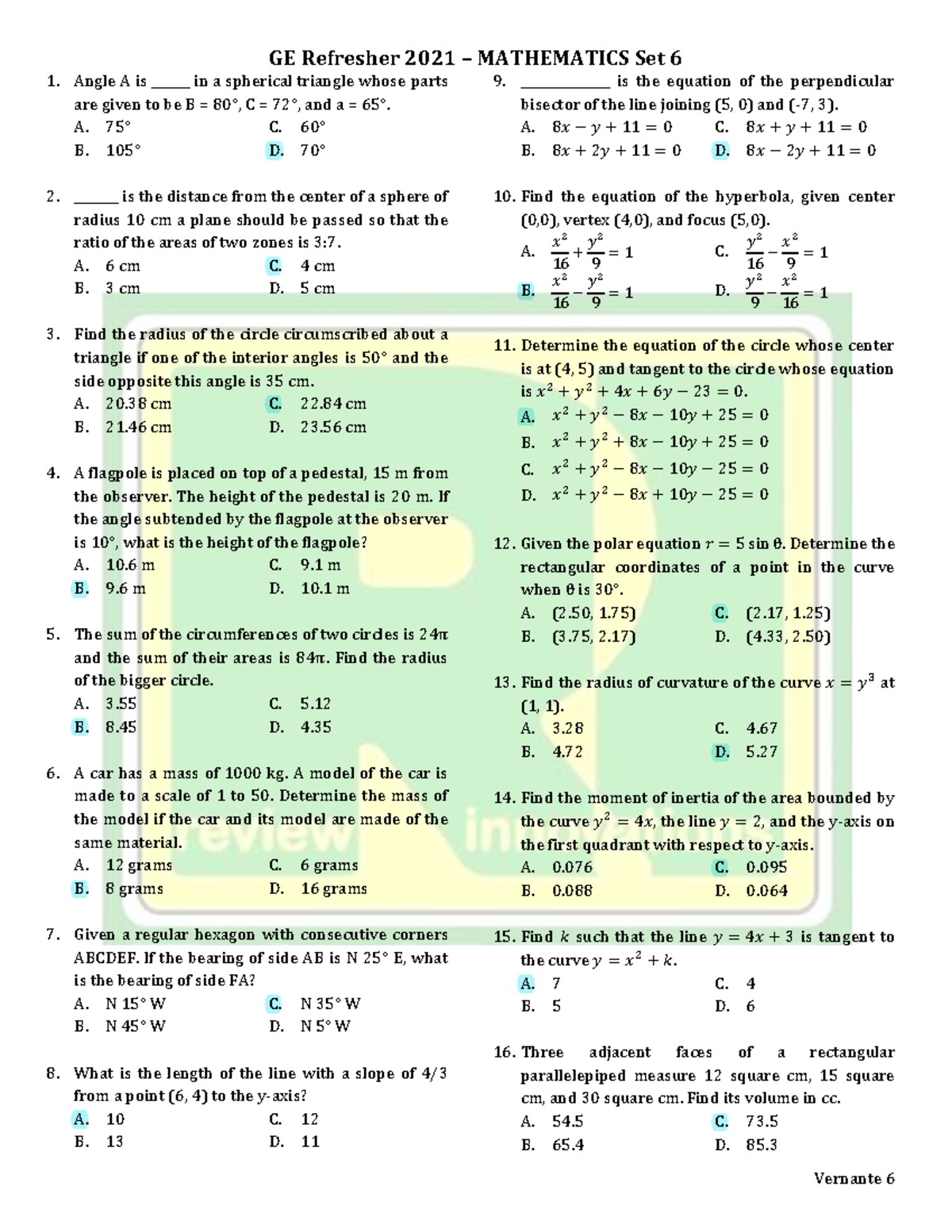 Math 10 - Practical Test for Analytic Geometry and Trigonometry - Plane ...