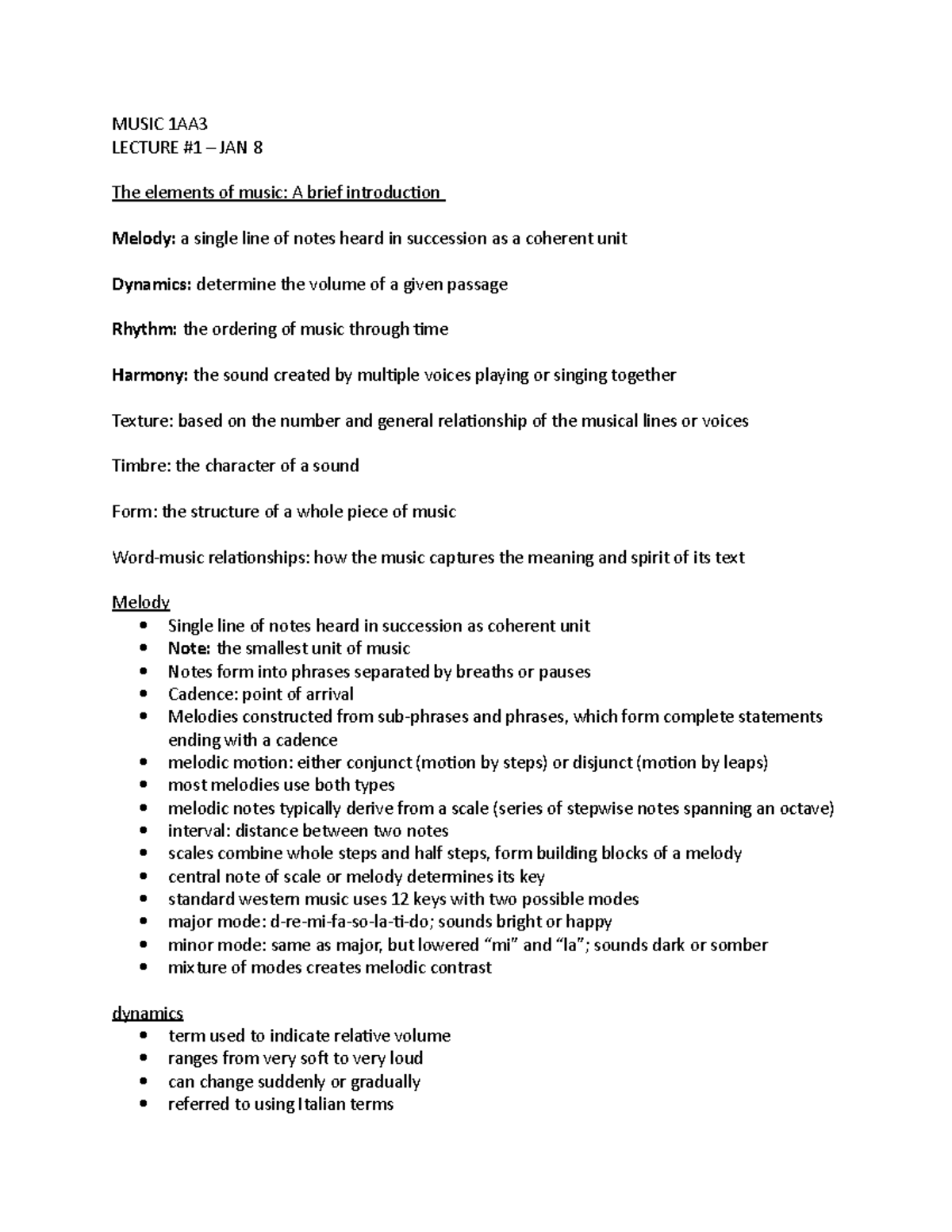 MUSIC 1AA3 Lecture Notes: Elements, Harmony & Classical Insights - Studocu