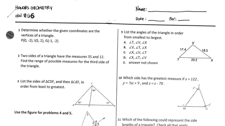 HONORS GEOMETRY HW: Triangle Properties and Inequalities - Studocu
