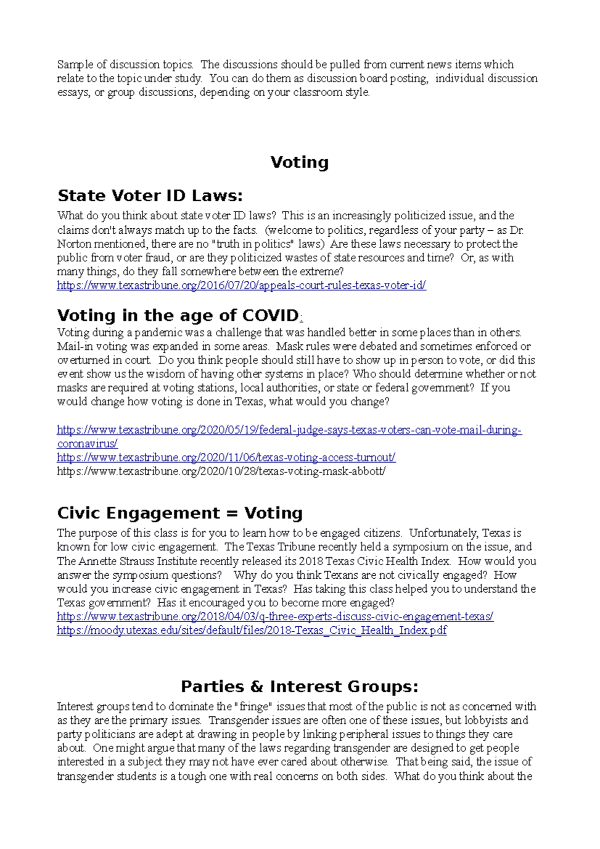 Discussion Topics on Voting & Civic Engagement (POL 101) - Studocu