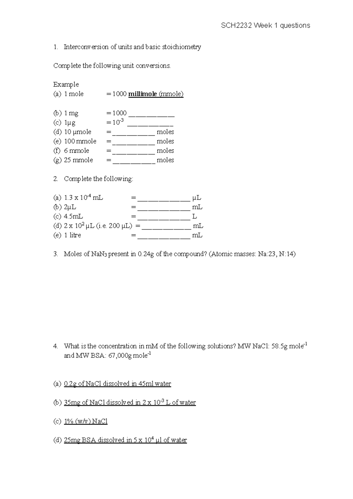 SCH2232 Week 1 Calculation Questions on Unit Conversions and ...