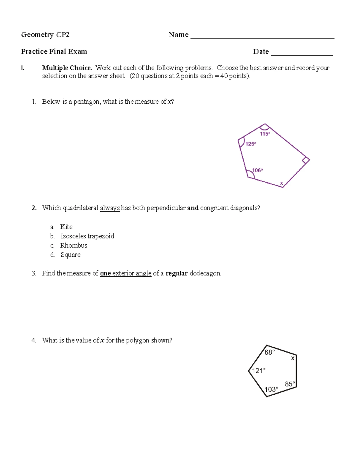Geometry 2024 Final Exam Review - Geometry CP2 Name ...