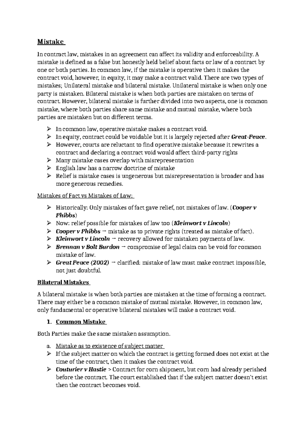 Mistake Notes: Understanding Contract Law Principles and Cases - Studocu