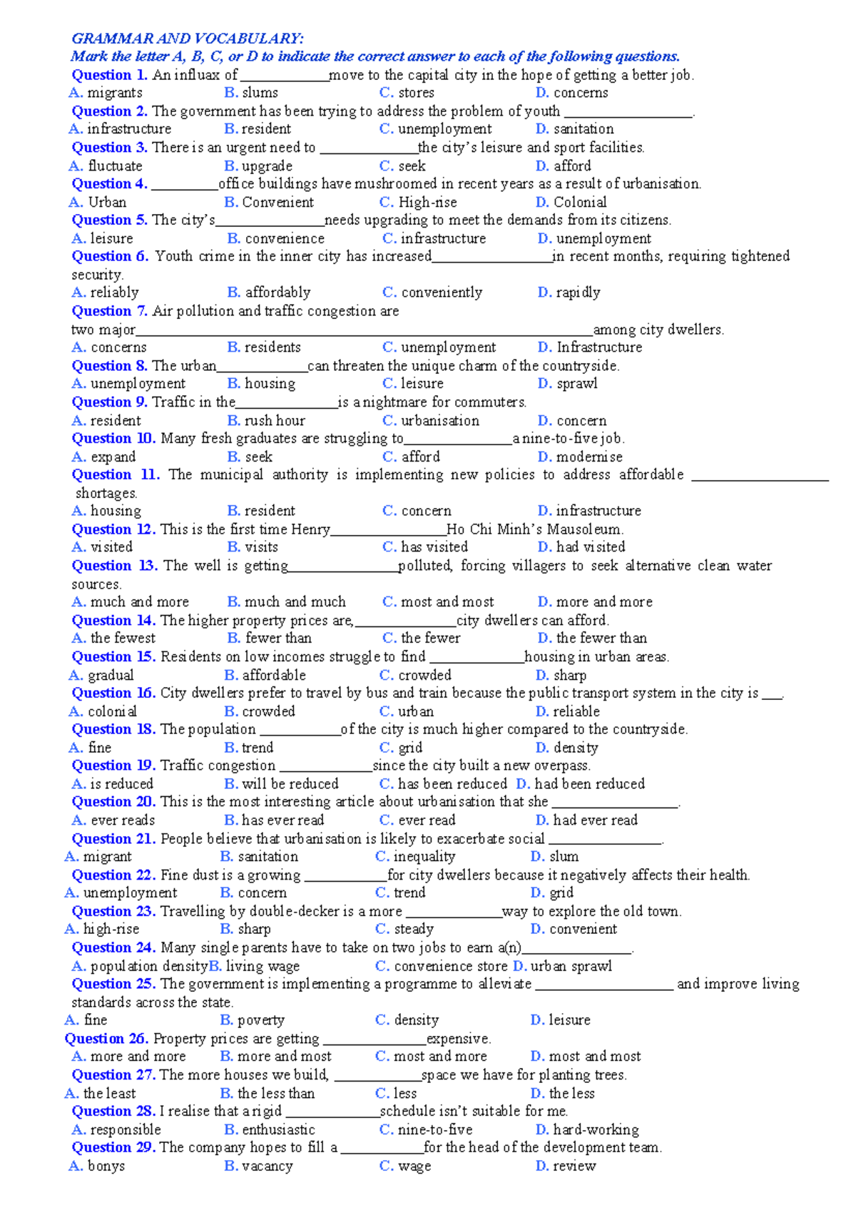 Grammar and Vocabulary Quiz: Choose A, B, C, or D for Each Question ...
