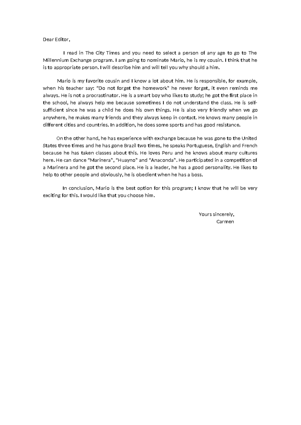Nomination Essay: Mario for The Millennium Exchange Program - Studocu