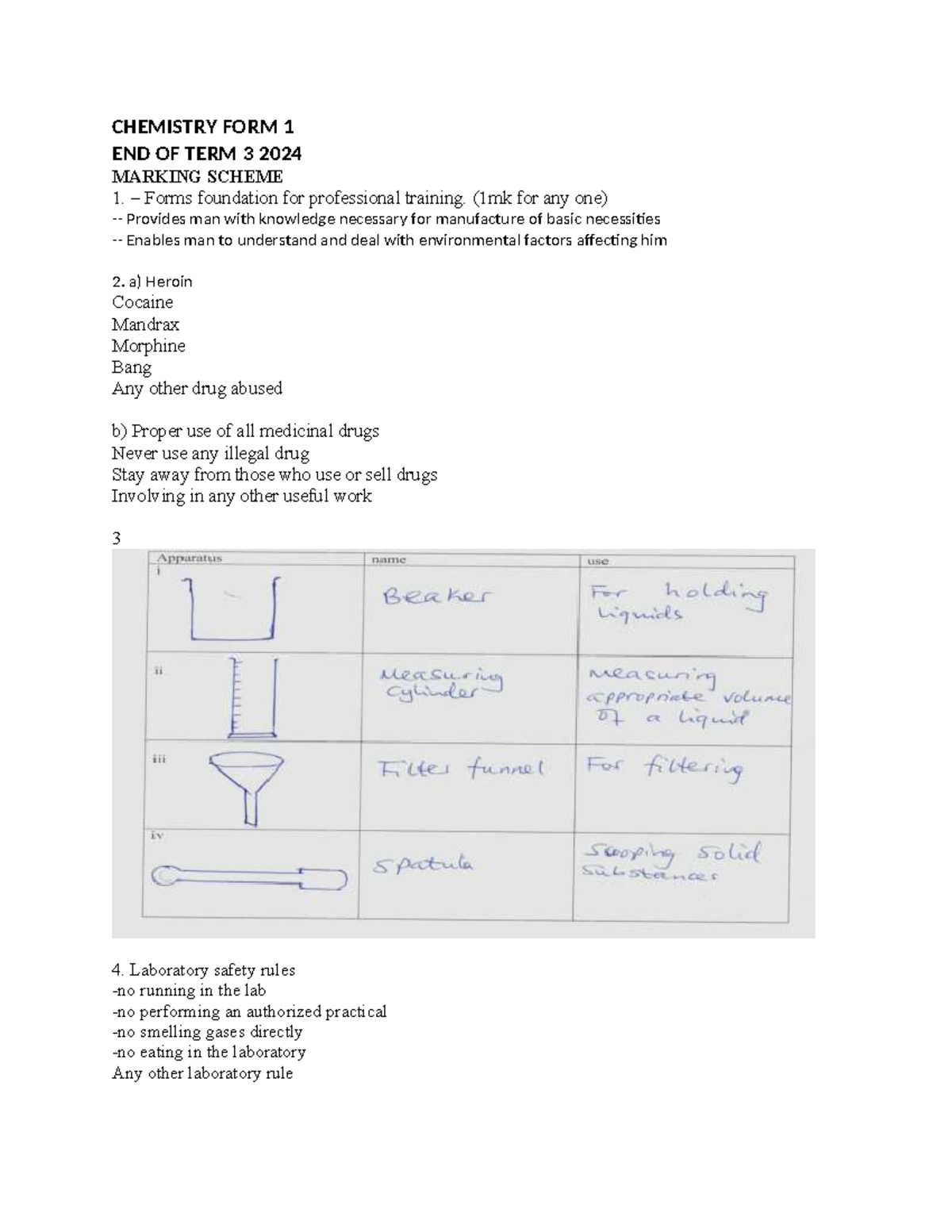 F1 CHEMISTRY TERM 3 2024 END OF TERM MARKING SCHEME - Studocu