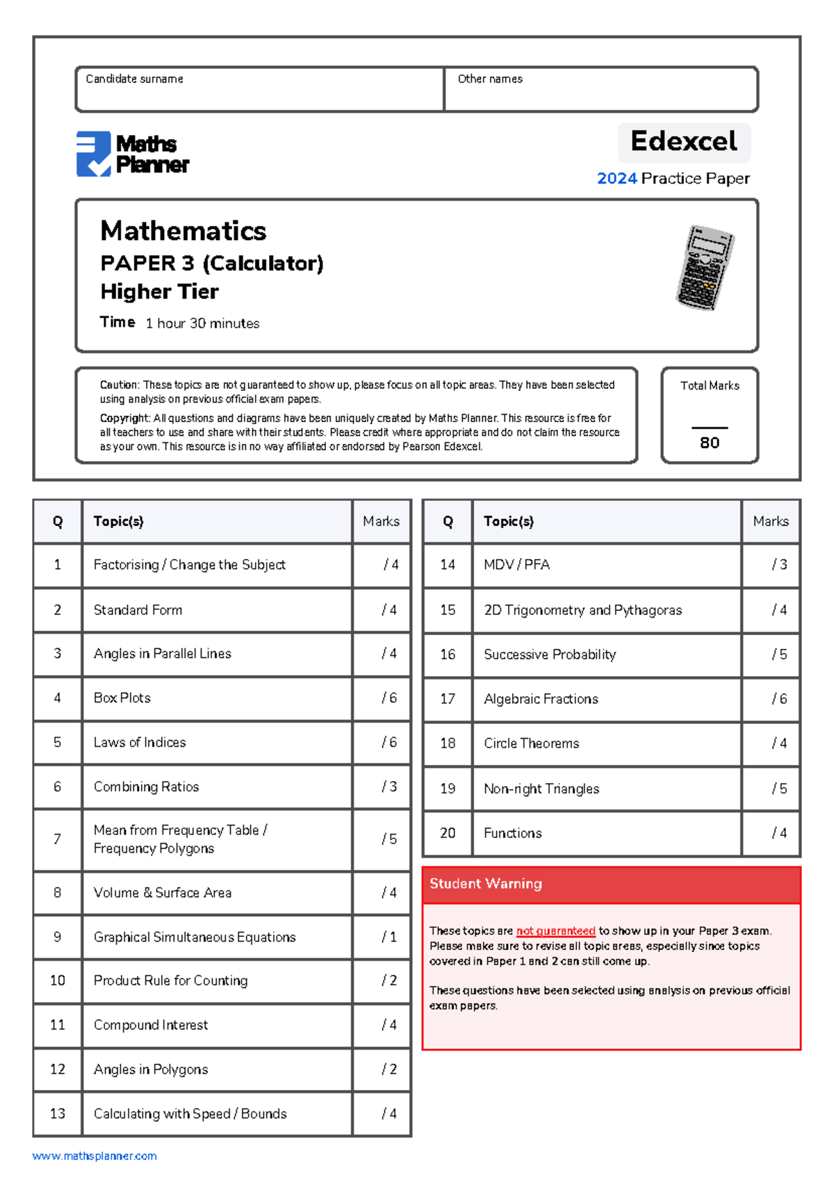 Edexcel 2024 Practice Paper 3 (Calculator) Higher Tier Maths Exam Guide ...