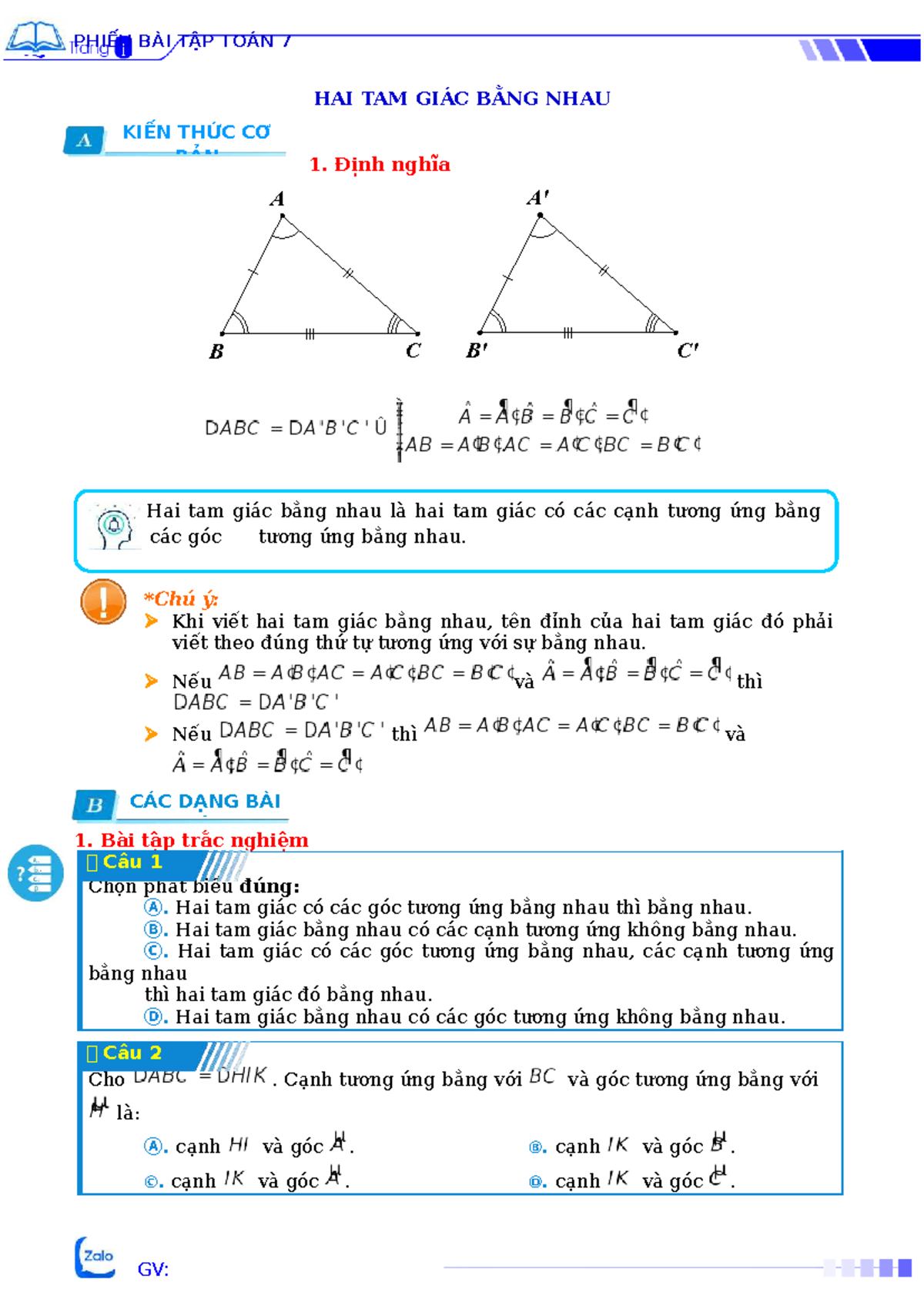 PHIẾU BÀI TẬP TOÁN 7 - HAI TAM GIÁC BẰNG NHAU - CHƯƠNG 4 - Studocu
