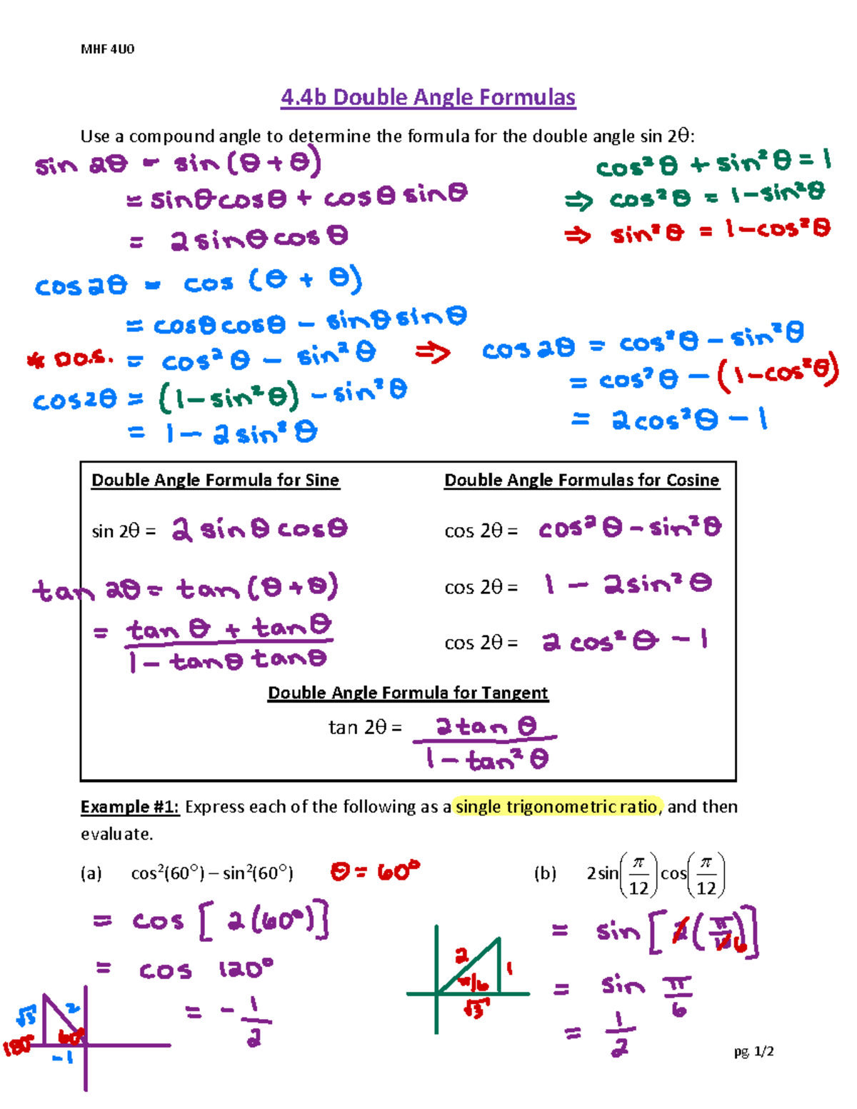 MHF 4U0 Double Angle Formulas - Completed Notes Nov 2024 - Studocu