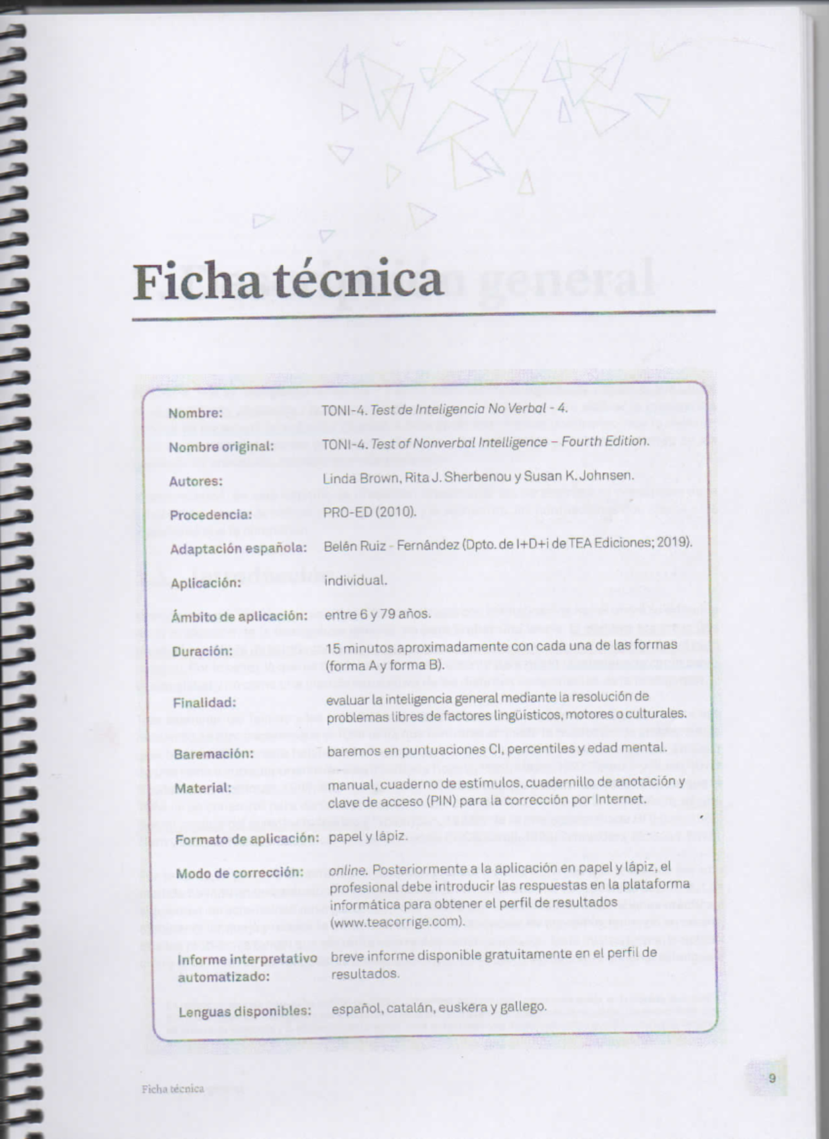Manual del Test de Inteligencia No Verbal 4 (TONI-4) - Studocu