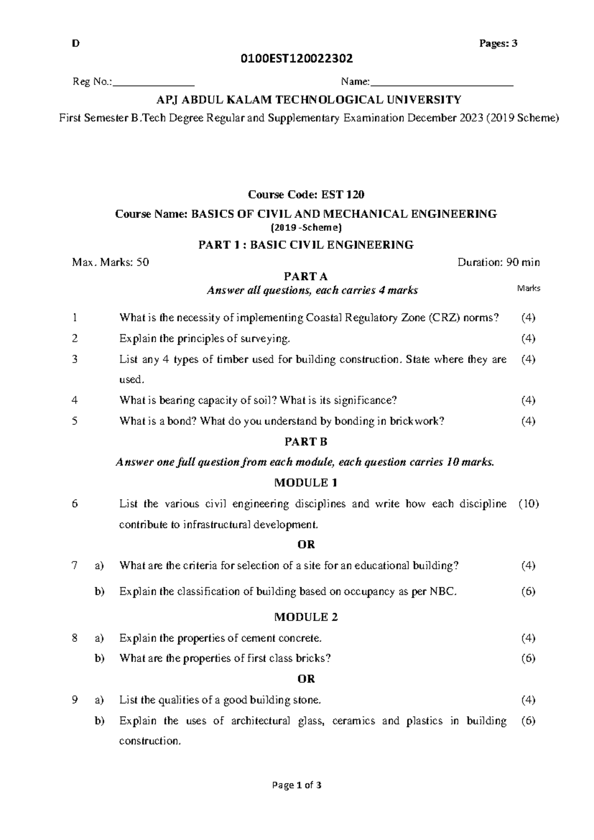 EST 120 - B.Tech Basics of Civil & Mechanical Engg Exam QP Dec 2023 ...