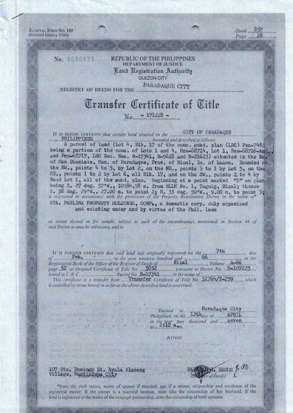 Transfer Certificate of Title No. 171228 - Parañaque City - Studocu