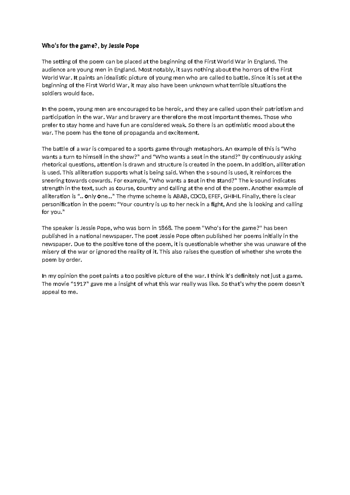 ENG 101: Analysis of Jessie Pope's Poem "Who's Up for the Game ...