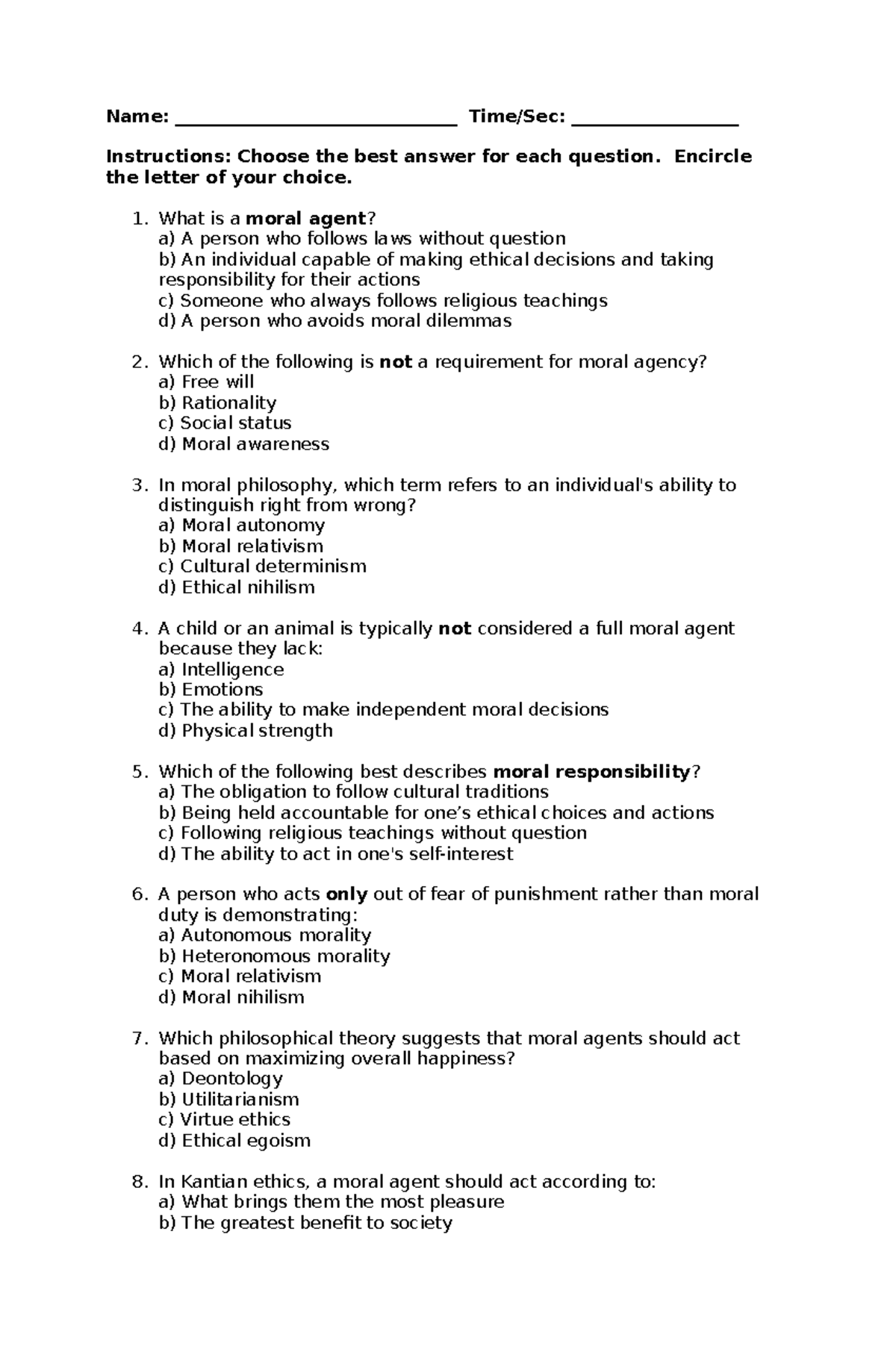 Ethics 2 - Quiz: Key Concepts and Moral Philosophy Questions - Studocu