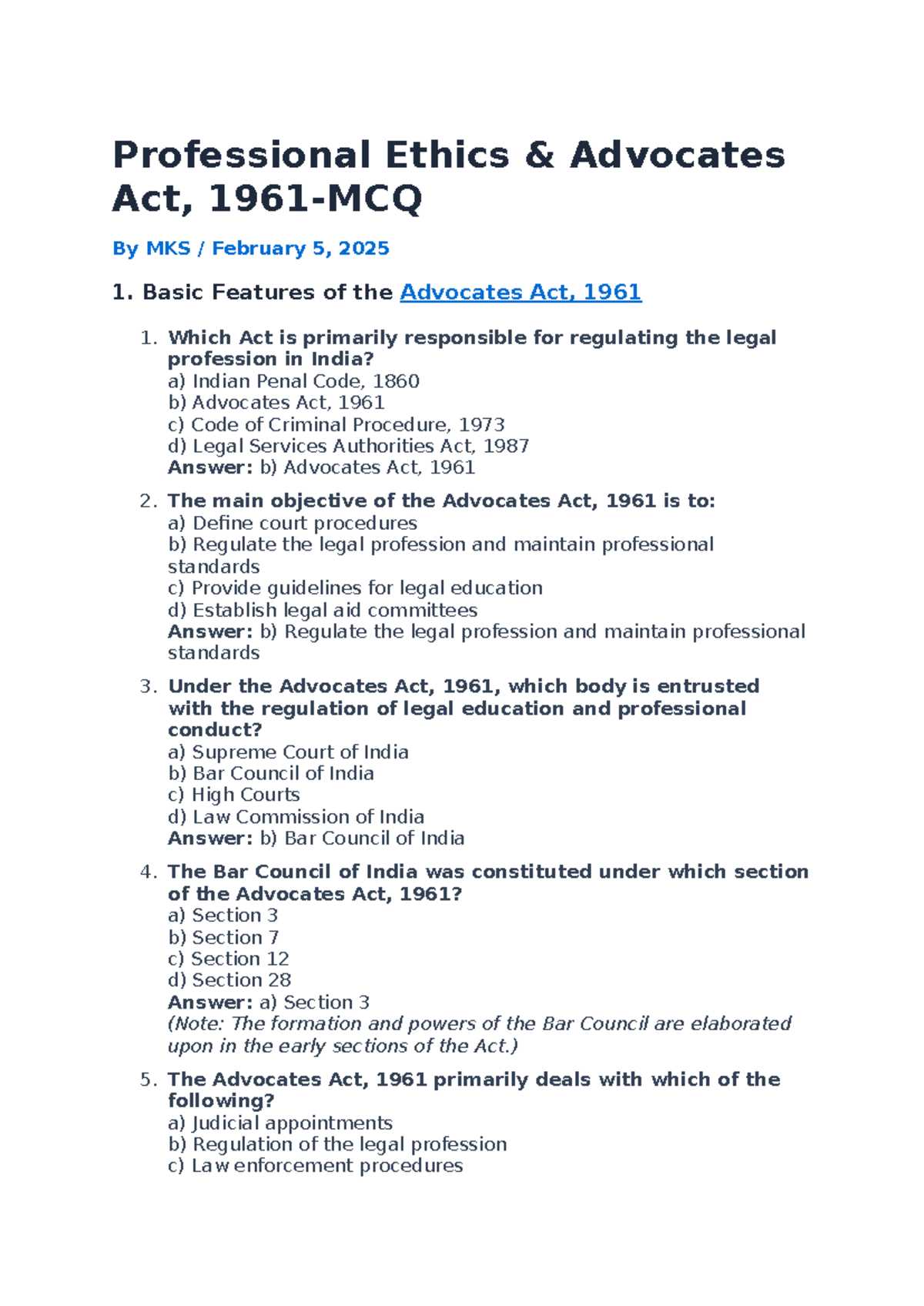 Advocates Act Overview and Professional Ethics - MKS 2025 - Studocu