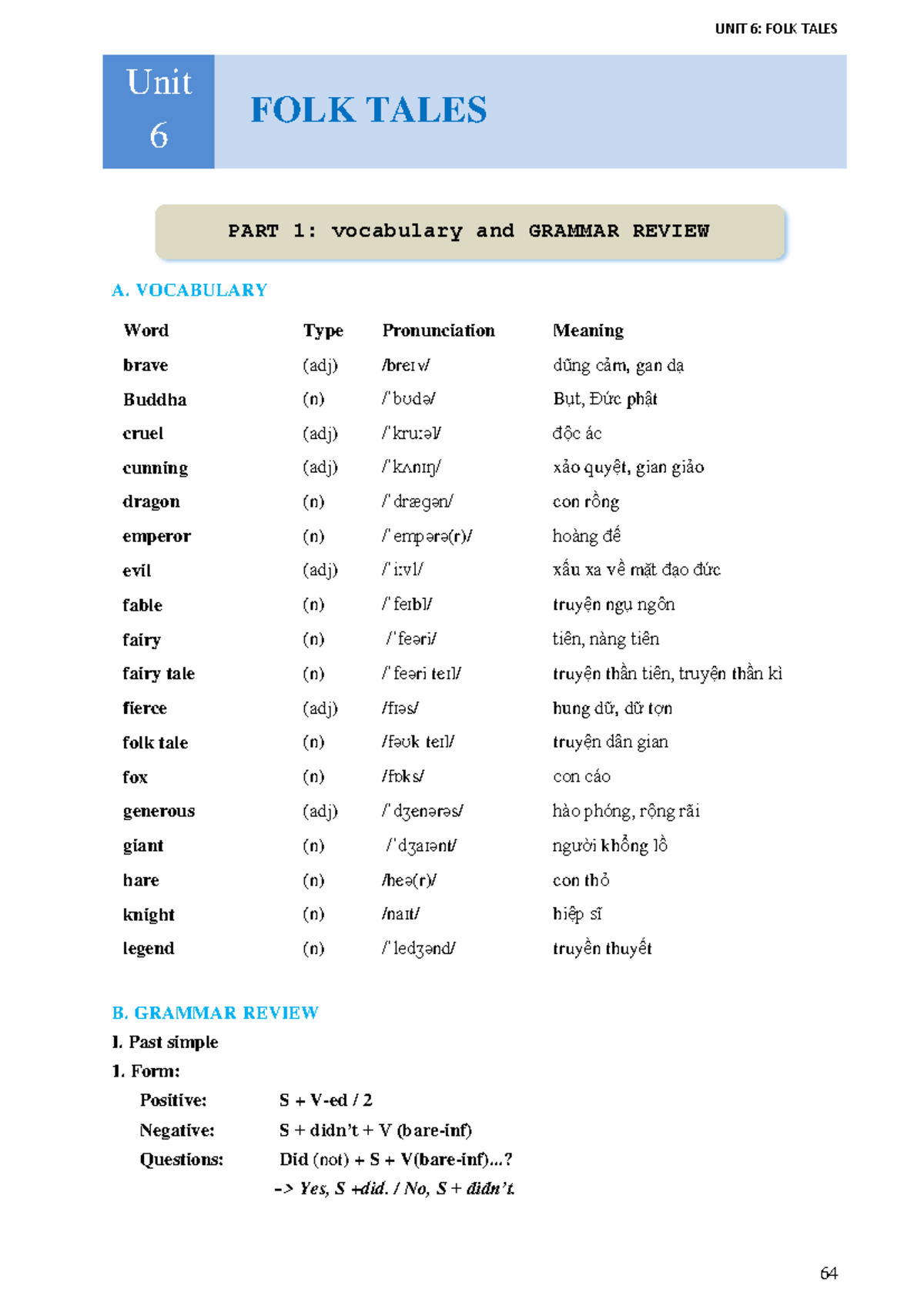 Unit 6: Folk Tales - Vocabulary & Grammar Review for Grade 8 - Studocu