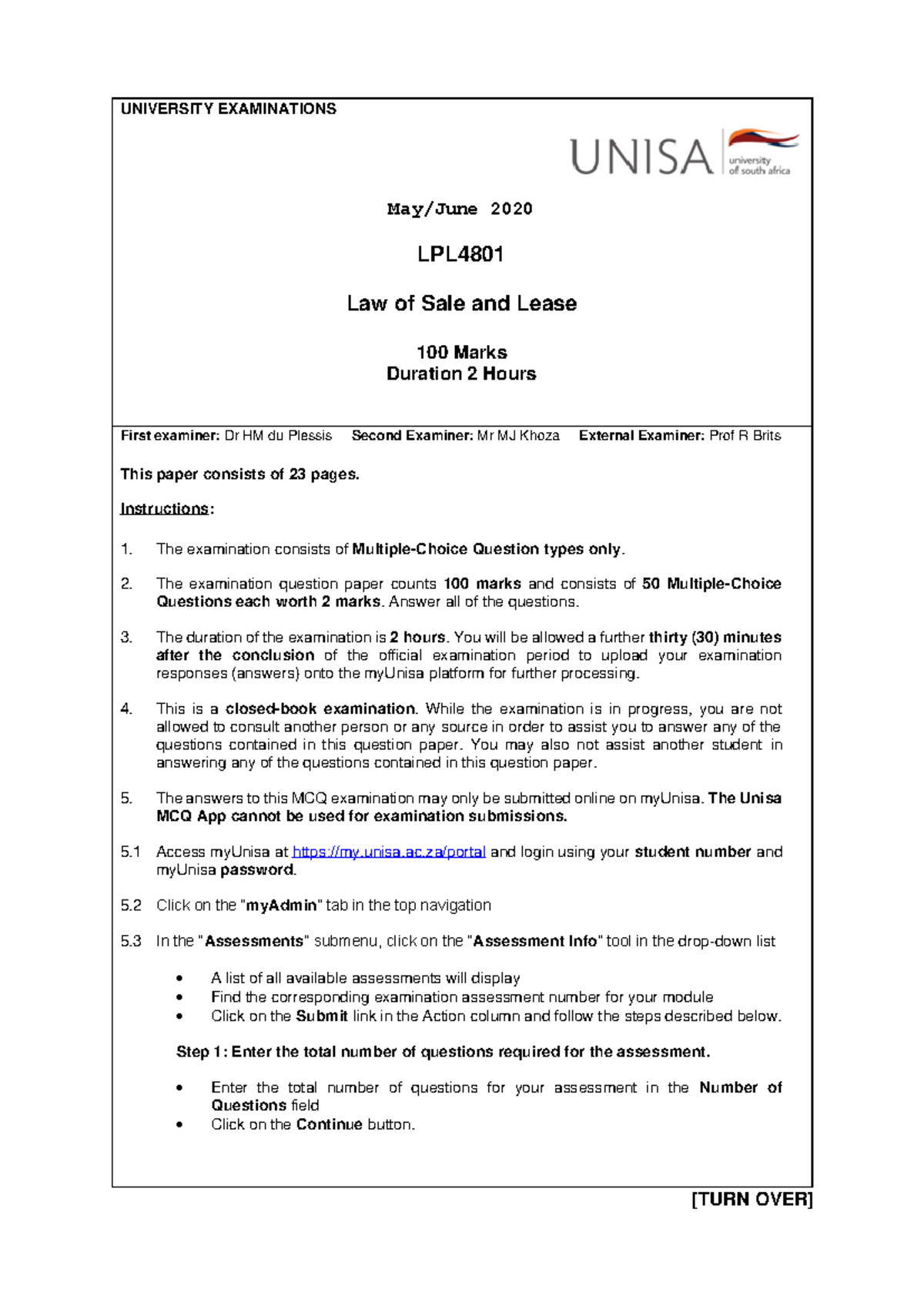 Law of Sale and Lease Exam - LPL4801 - May/June 2020 - 100 Marks - Studocu