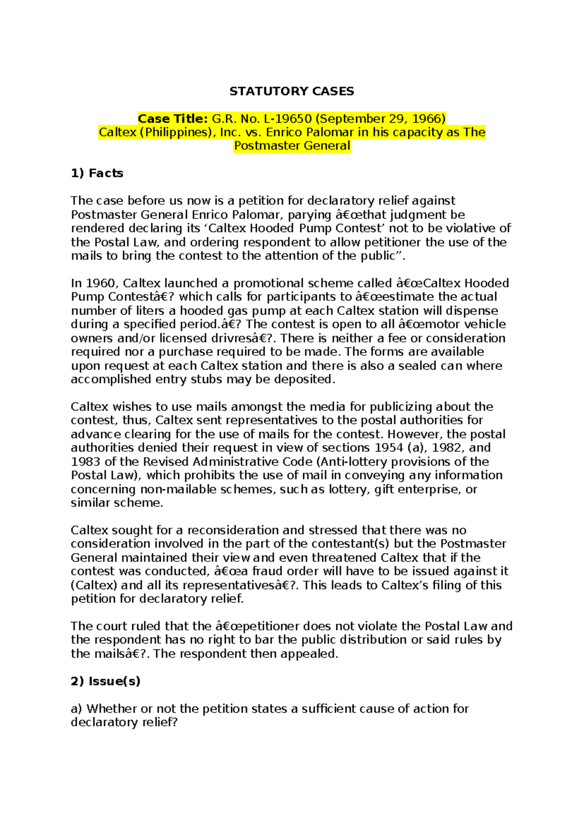 STATUTORY CASE DIGESTS: G.R. No. 1966 Caltex vs. Palomar & Others - Studocu