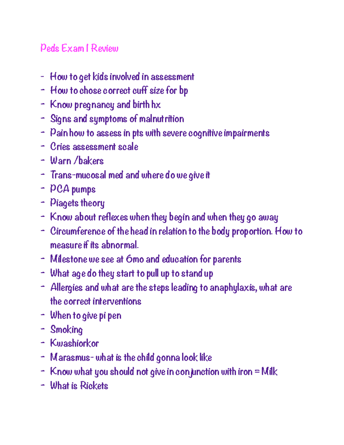 Peds 101 Exam 1 Review: Key Concepts & Assessment Techniques - Studocu