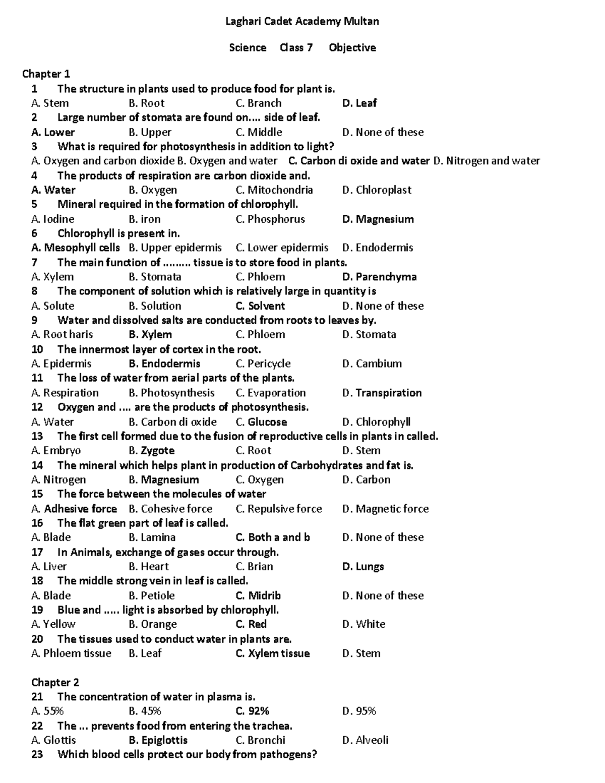 Class 7 Science Objective Questions: Complete Study Guide - Studocu