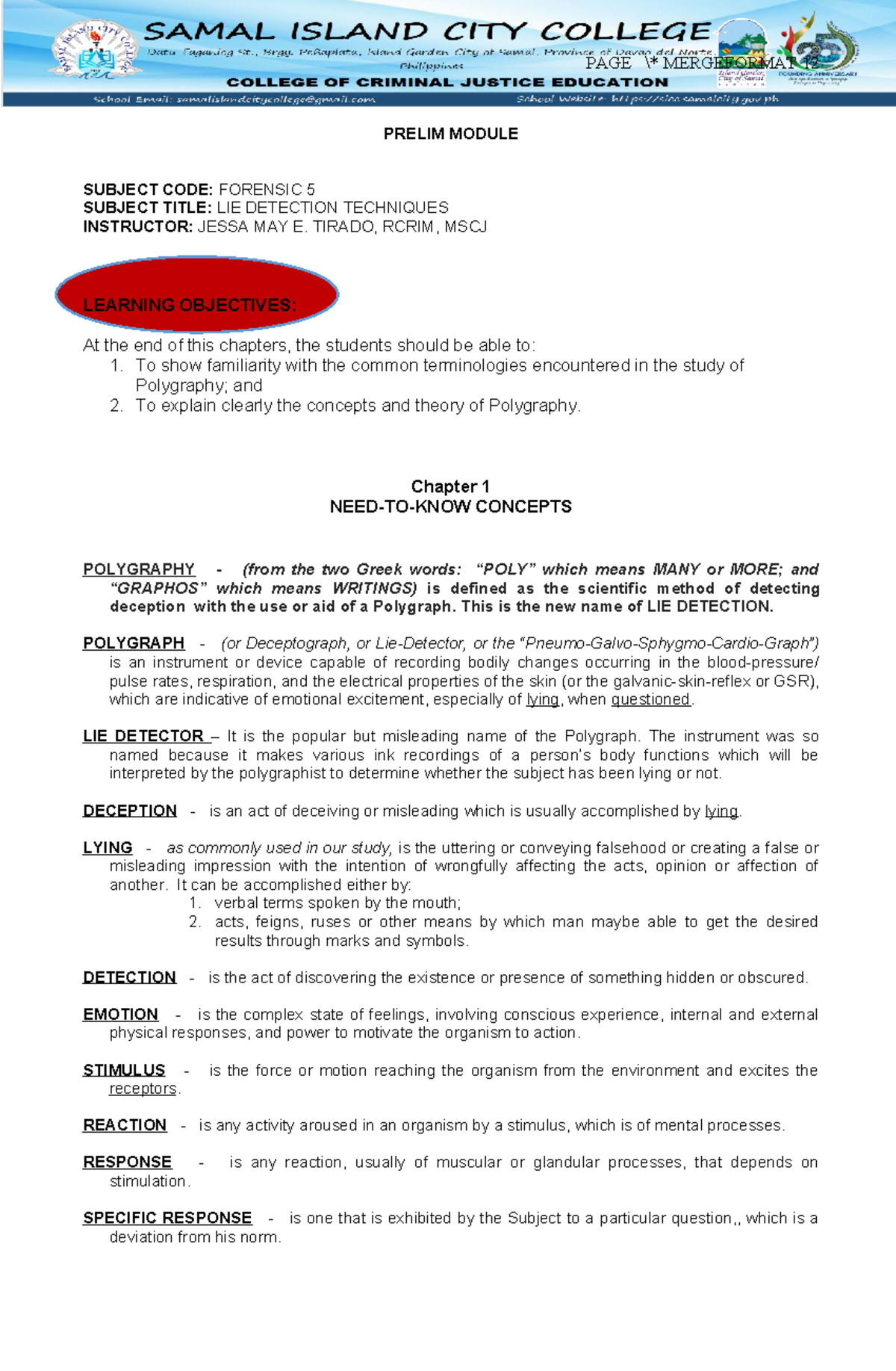 Forensic 5: Prelim Module on Lie Detection Techniques - Studocu