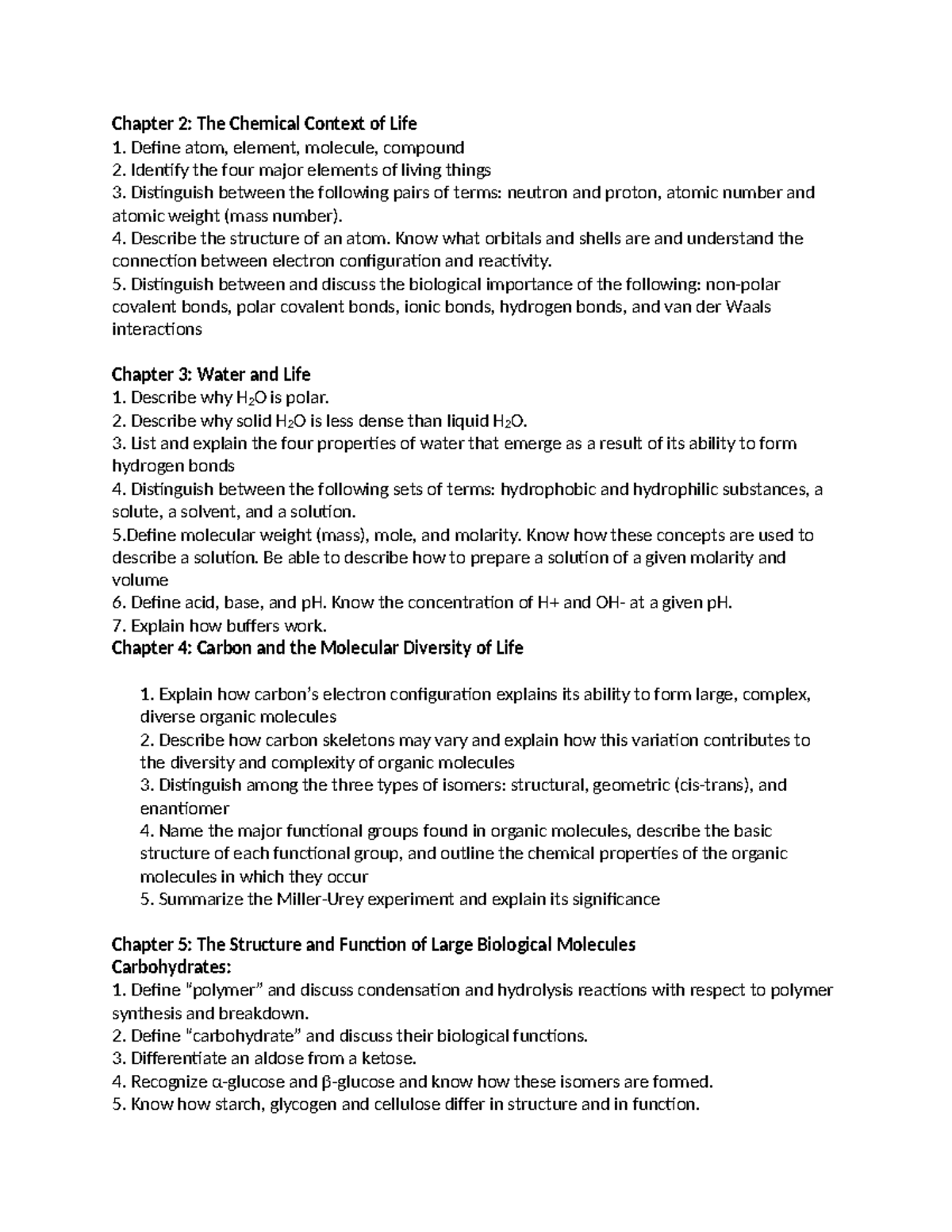 BIO 202 Learning Objectives - Chapter 2: The Chemical Context of Life ...
