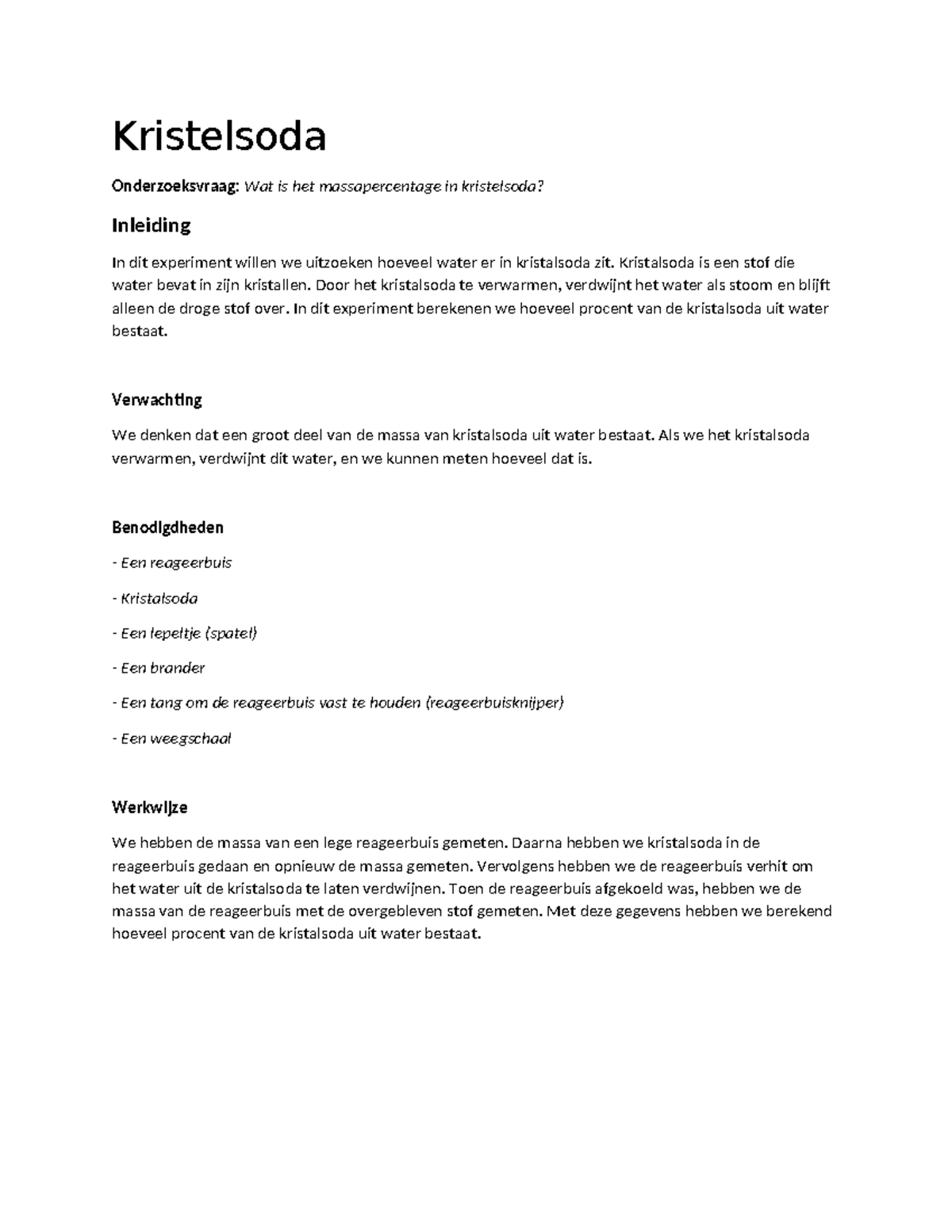 Kristelsoda Onderzoek: Massapercentage Water in Kristalsoda - Studeersnel